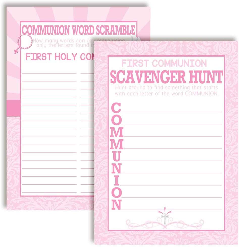 Pink First Holy Communion Scavenger Hunt & Word Scramble Game Cards ...