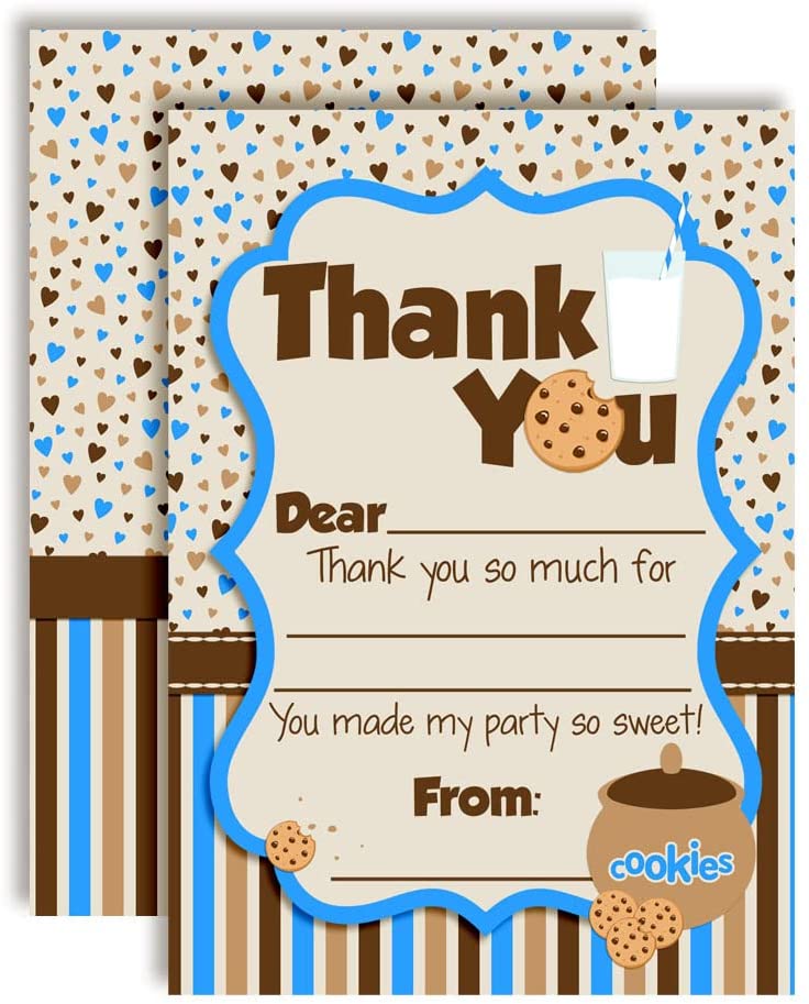Milk & Cookies Blue & Brown Birthday Thank You Cards – Amanda Creation