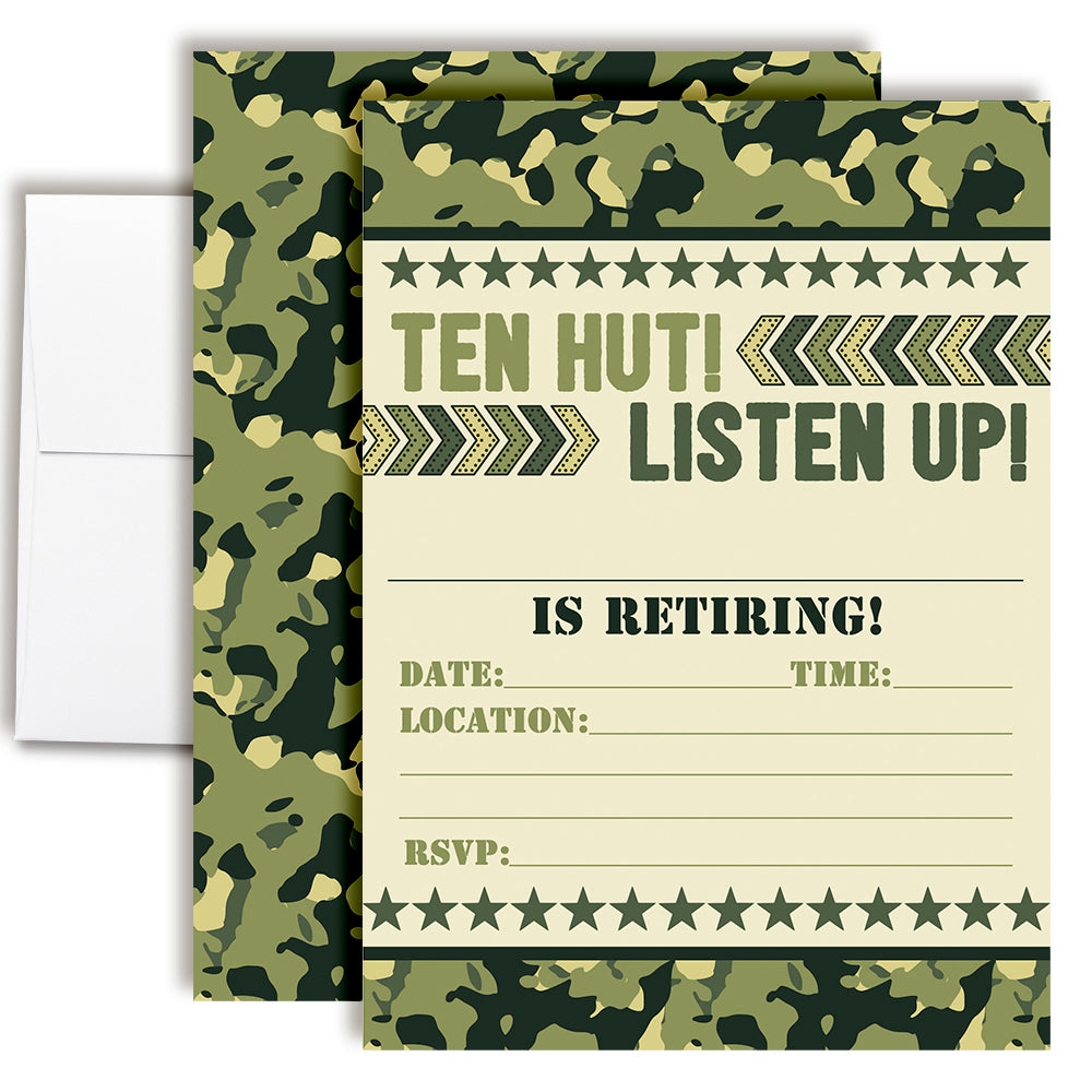 Ten Hut Camouflage Military Retirement Party Invitations – Amanda Creation