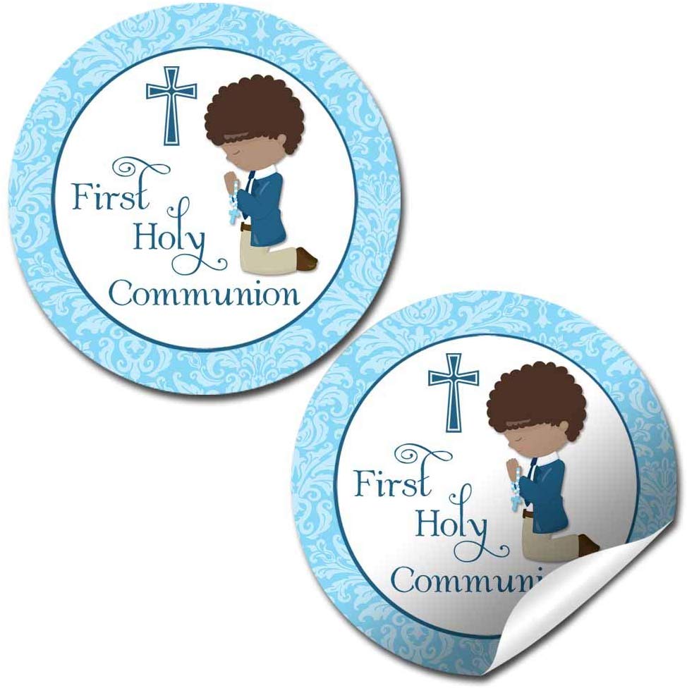 First Holy Communion Blue Party Favor Stickers (Darker Skin, Brown Hai ...