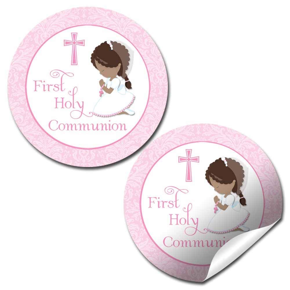 First Holy Communion Pink Party Favor Stickers (Darker Skin, Brown Hai ...