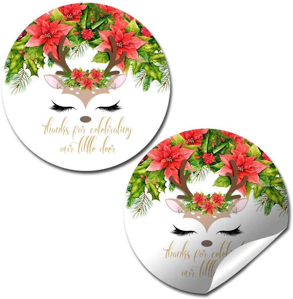 Reindeer Face with Poinsettias Party Favor Stickers – Amanda Creation