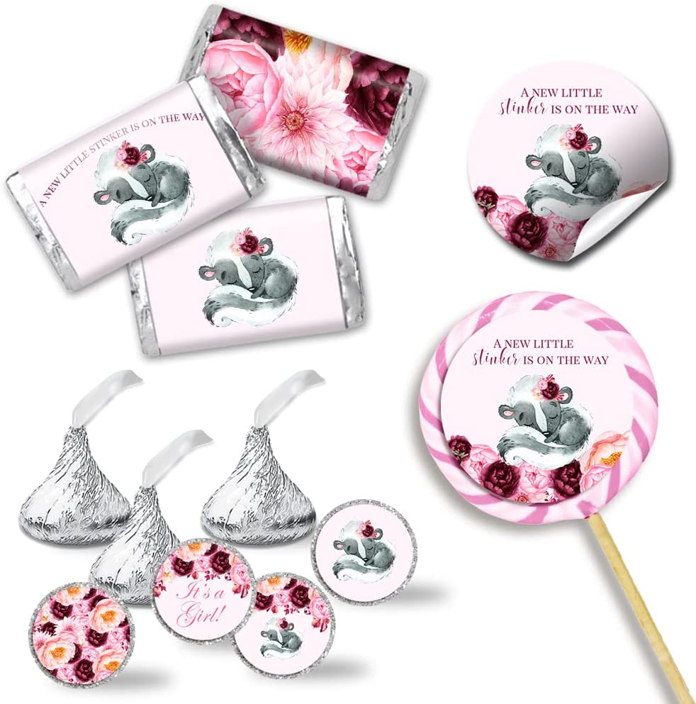 Little Stinker Watercolor Pink and Burgundy Floral Baby Shower Sticker ...