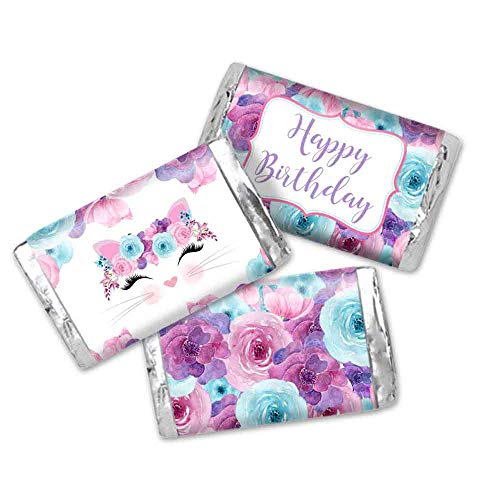 Watercolor Floral Kitty Cat Face Birthday Mini Candy Bar Wrappers ...