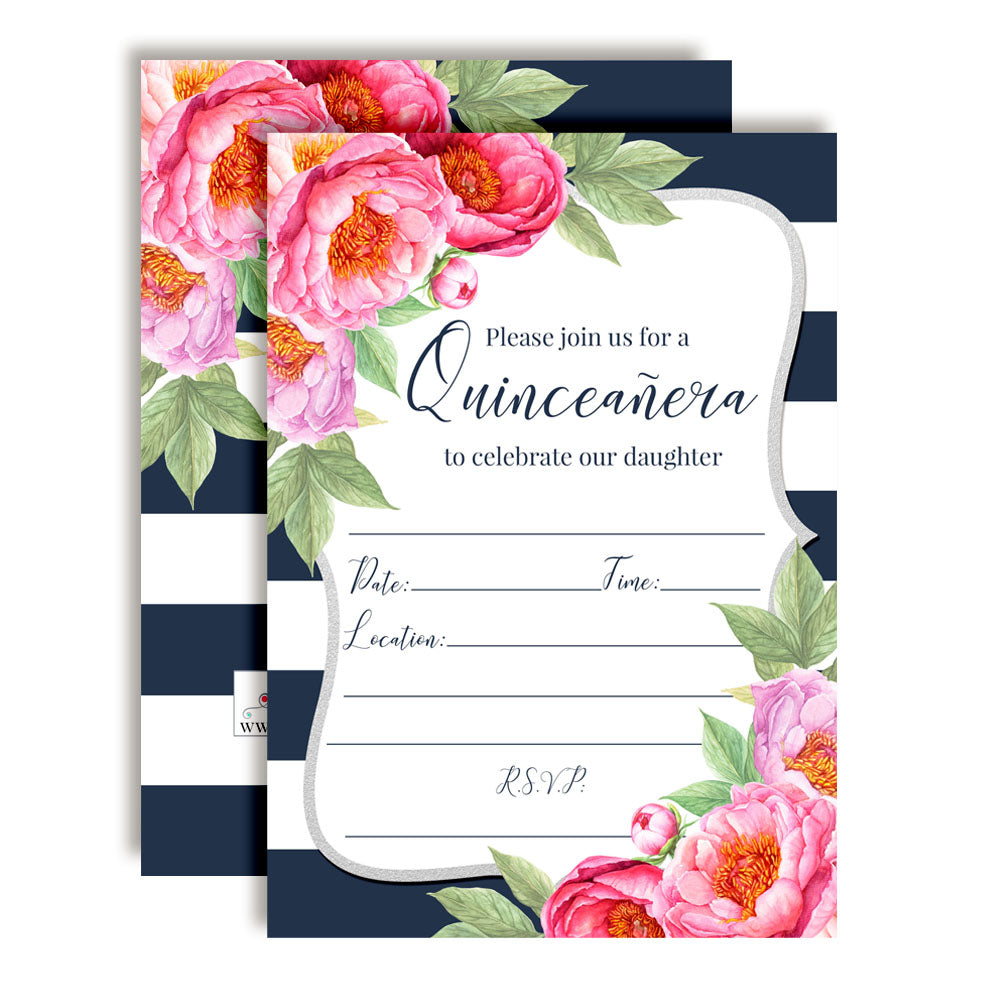 Watercolor Pink Peony & Navy Stripe Quinceanera Party Invitations ...
